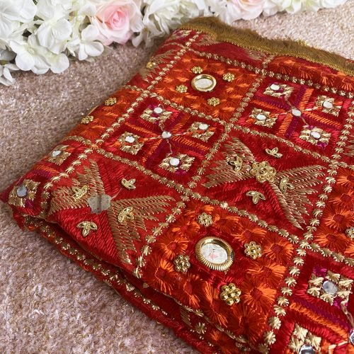Chinon Silk Chunni Light Gold with Colourful Flower Design - VIYAAH